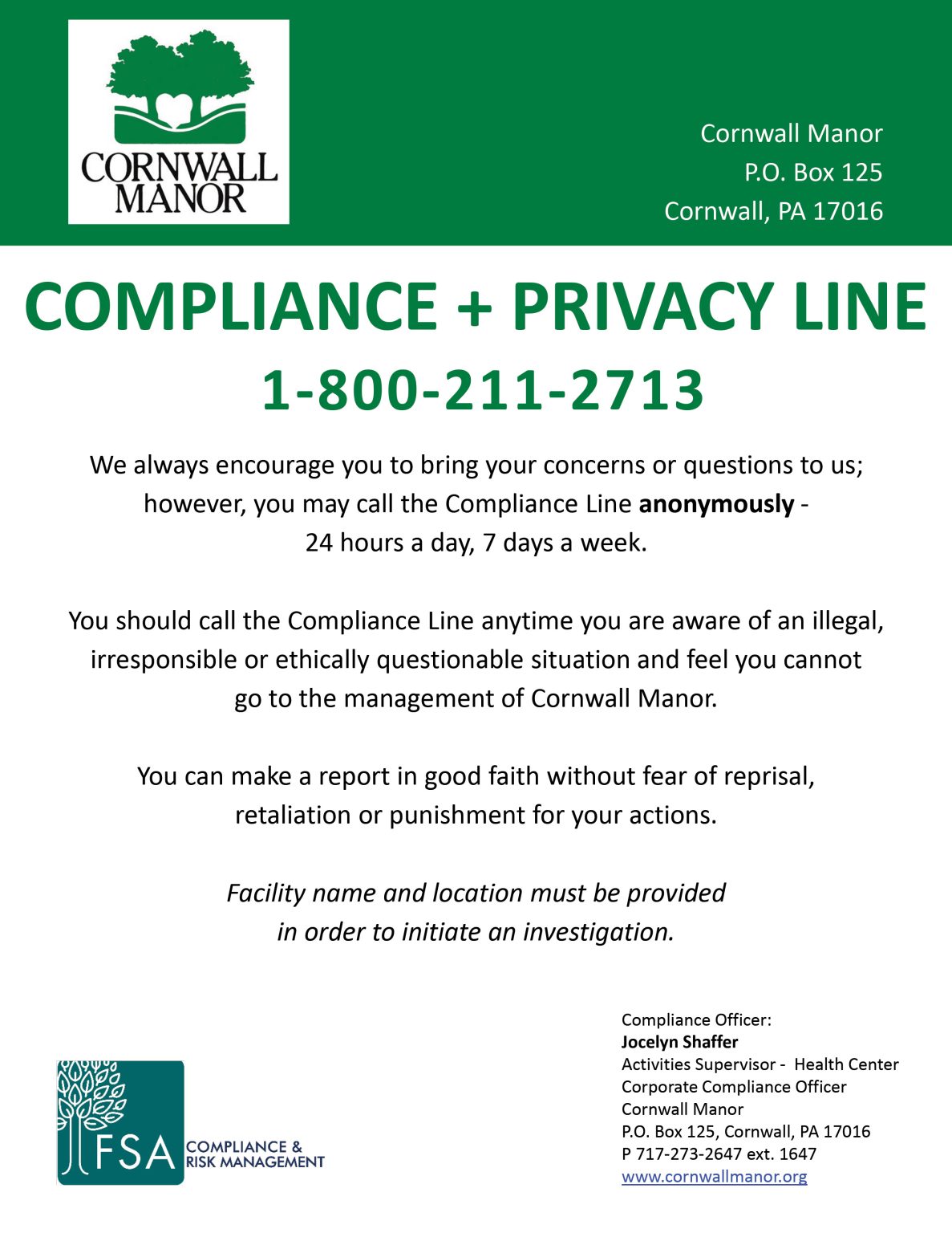 Information Regarding Compliance at Cornwall Manor